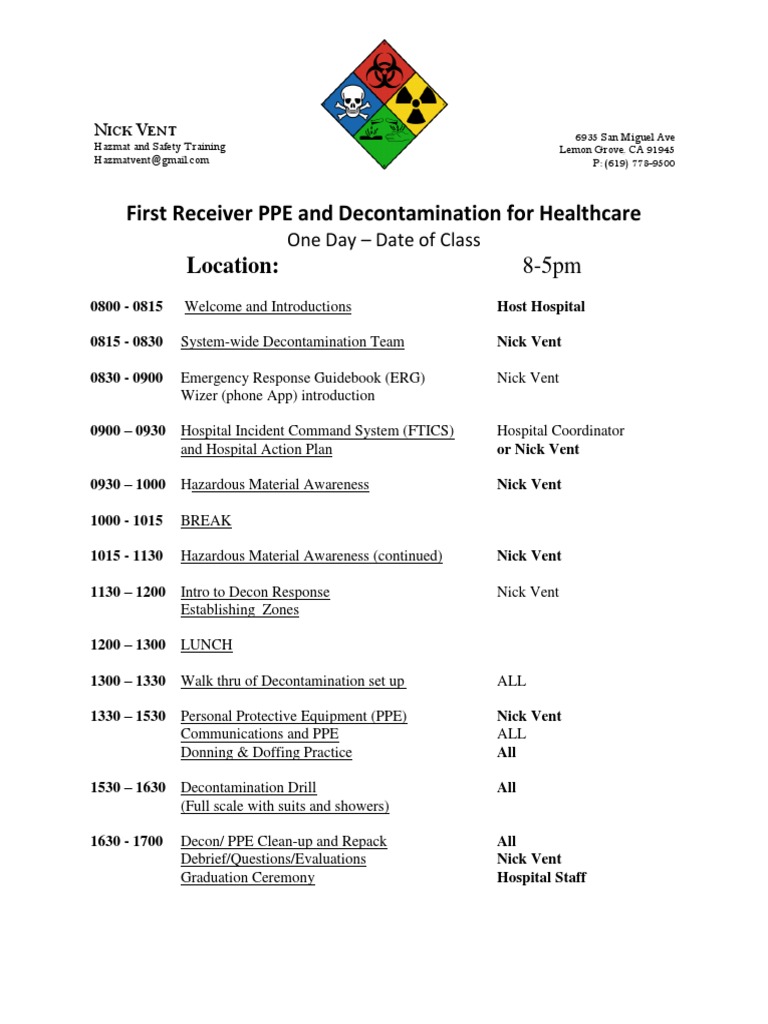 First Receiver PPE and Decontamination For Healthcare Agenda | PDF