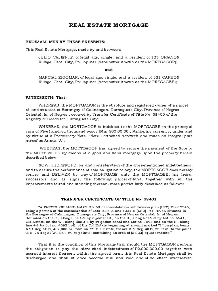 Real Estate Mortgage Sample | PDF | Mortgage Law | Land Law