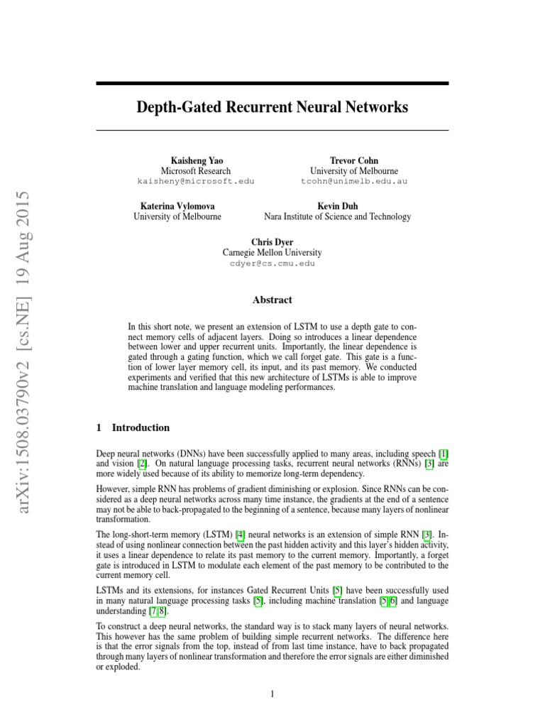 Depth-Gated Recurrent Neural Networks | PDF | Artificial Neural Network ...