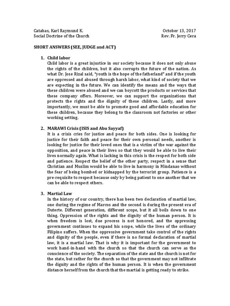 Short Answers (See, Judge and Act) 1. Child Labor | PDF | Dignity | Poverty