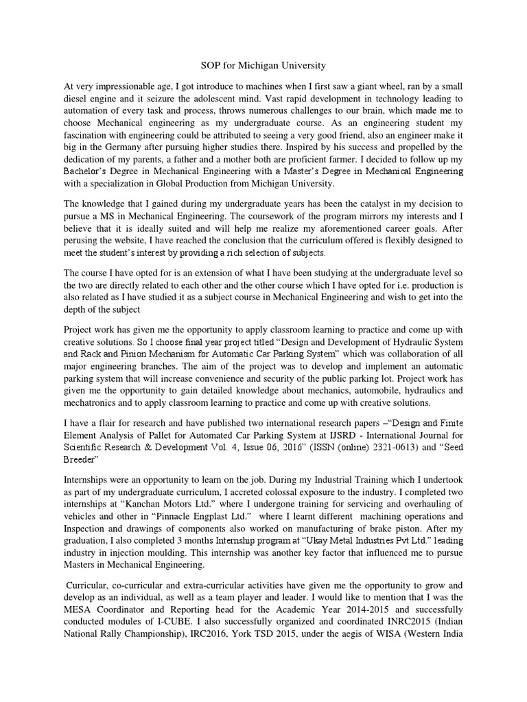 Sample Sop For Engineering | PDF | Engineering | Undergraduate Education