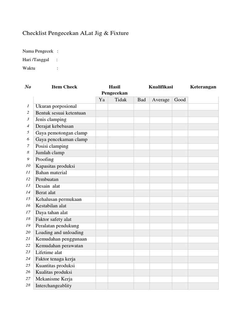 Checklist Pengecekan ALat Jig | PDF