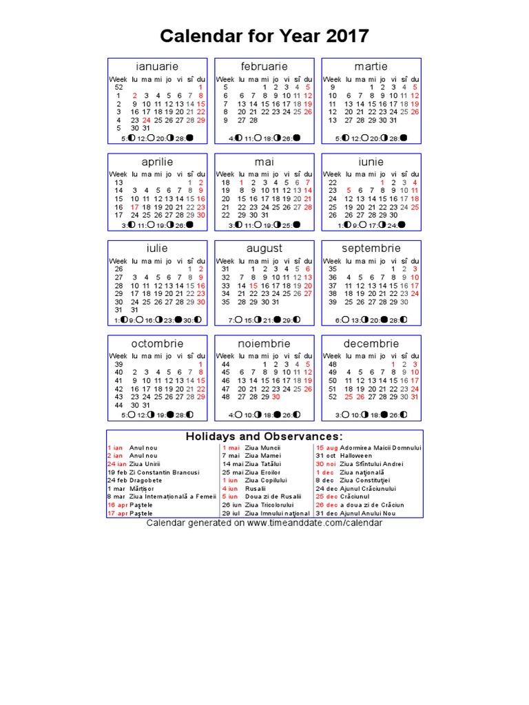 Year 2017 Calendar - Romania | PDF