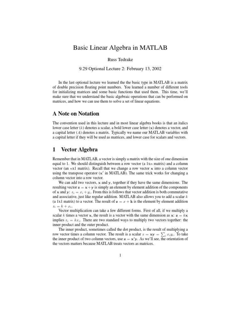 MATLAB Linear Algebra Basics | PDF | Matrix (Mathematics) | Vector Space