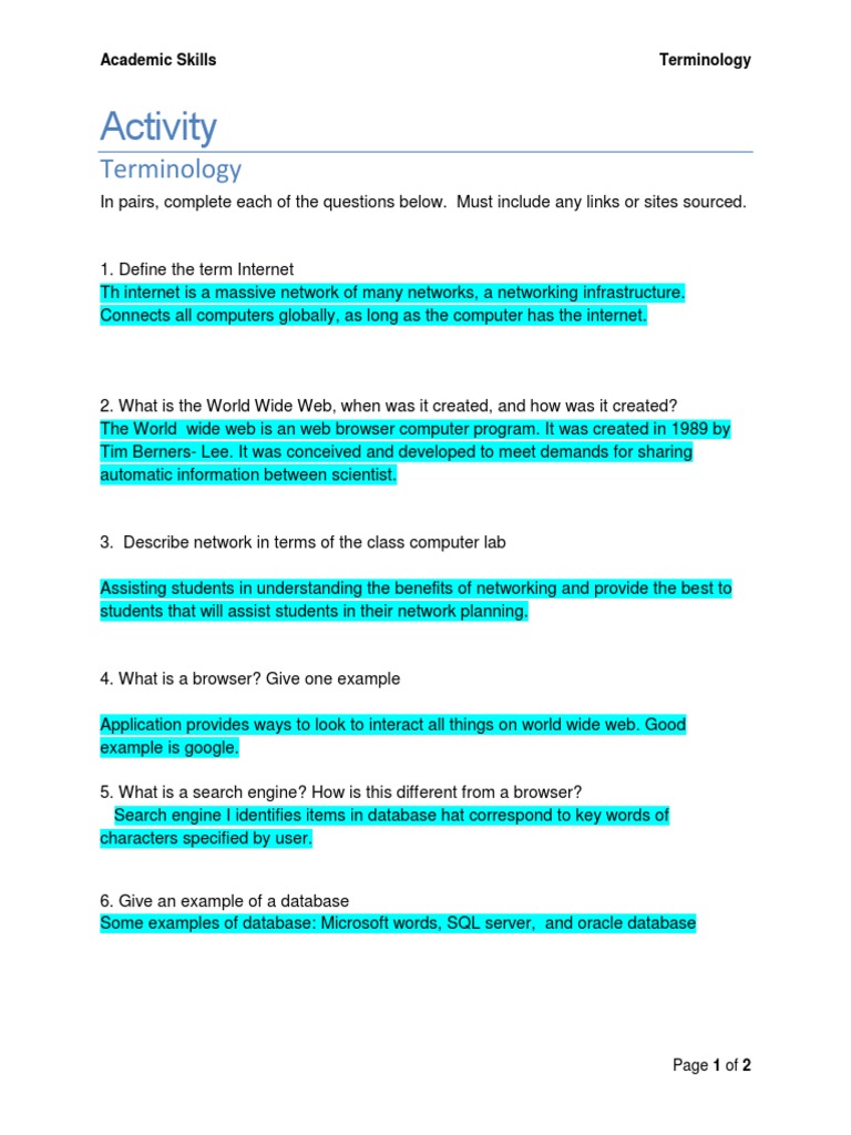 Terminology Activity 20161109 1 | PDF | Computers