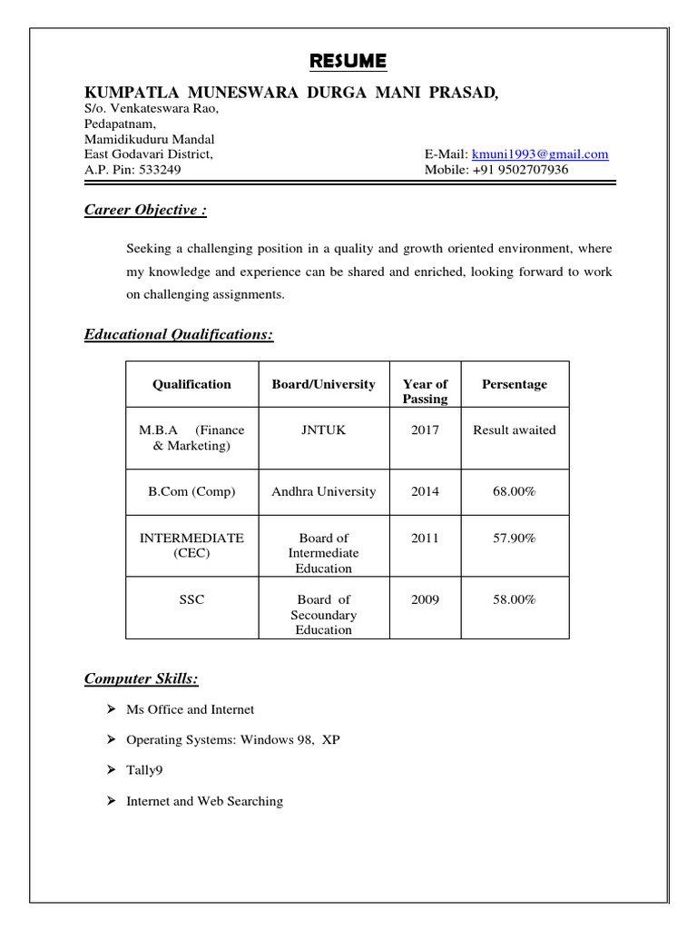 Seeking a Challenging Position: Resume of Kumpatla Muneswara Durga Mani Prasad | PDF