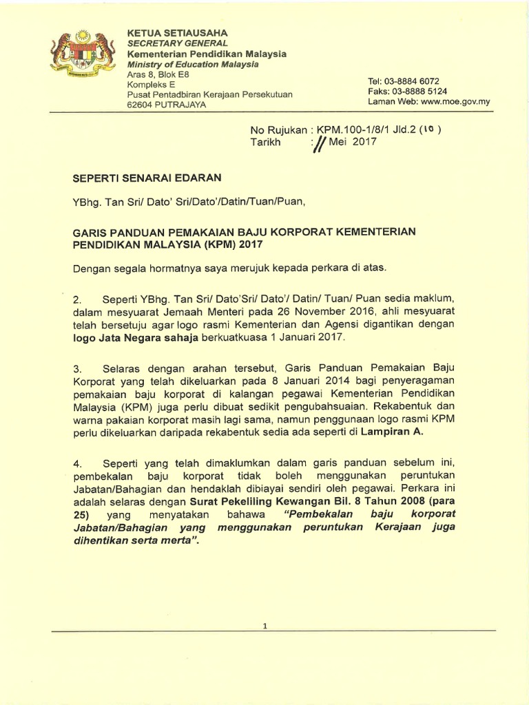 Garis Panduan Pemakaian Baju Korporat KPM 2017 | PDF