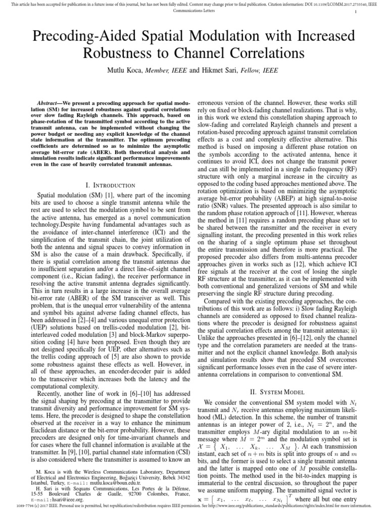 Precoding-Aided Spatial Modulation With Increased Robustness To Channel Correlations | PDF ...