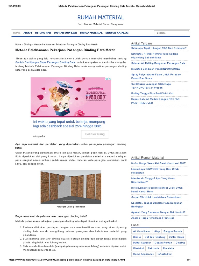 Metode Pelaksanaan Pekerjaan Pasangan Dinding Bata Merah - Rumah Material | PDF