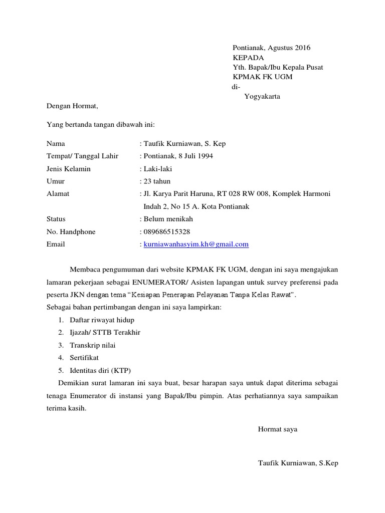 Surat Lamaran Enumerator | PDF