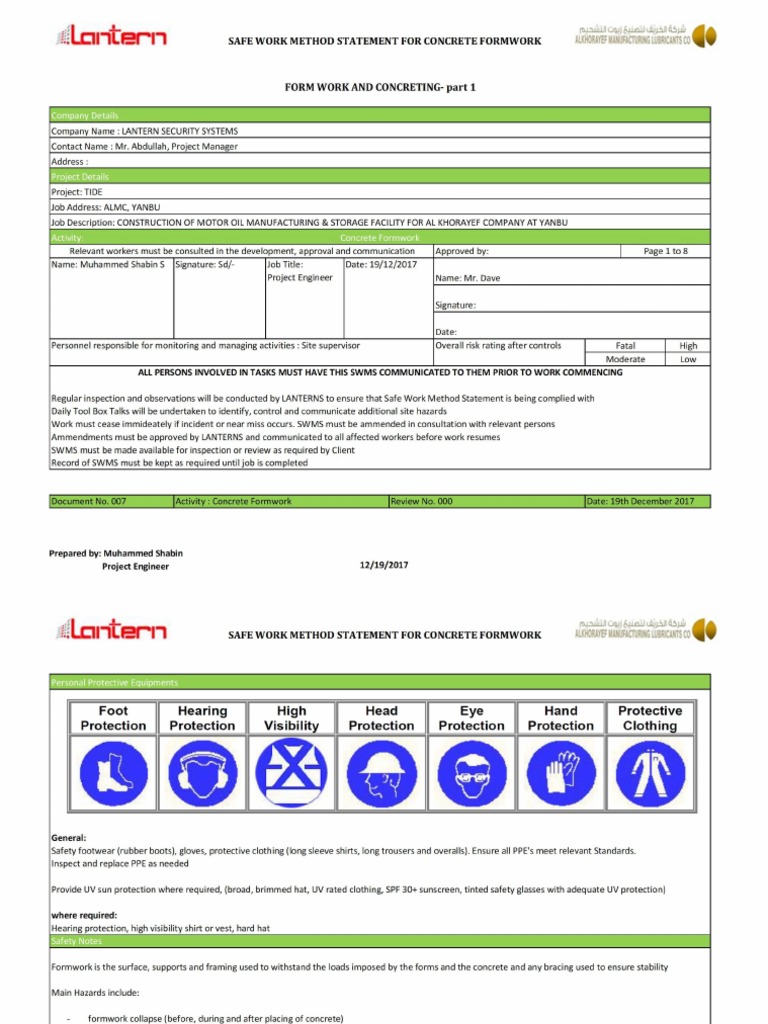 Safe Work Method Statement_Formwork and Concreting | Safety | Concrete