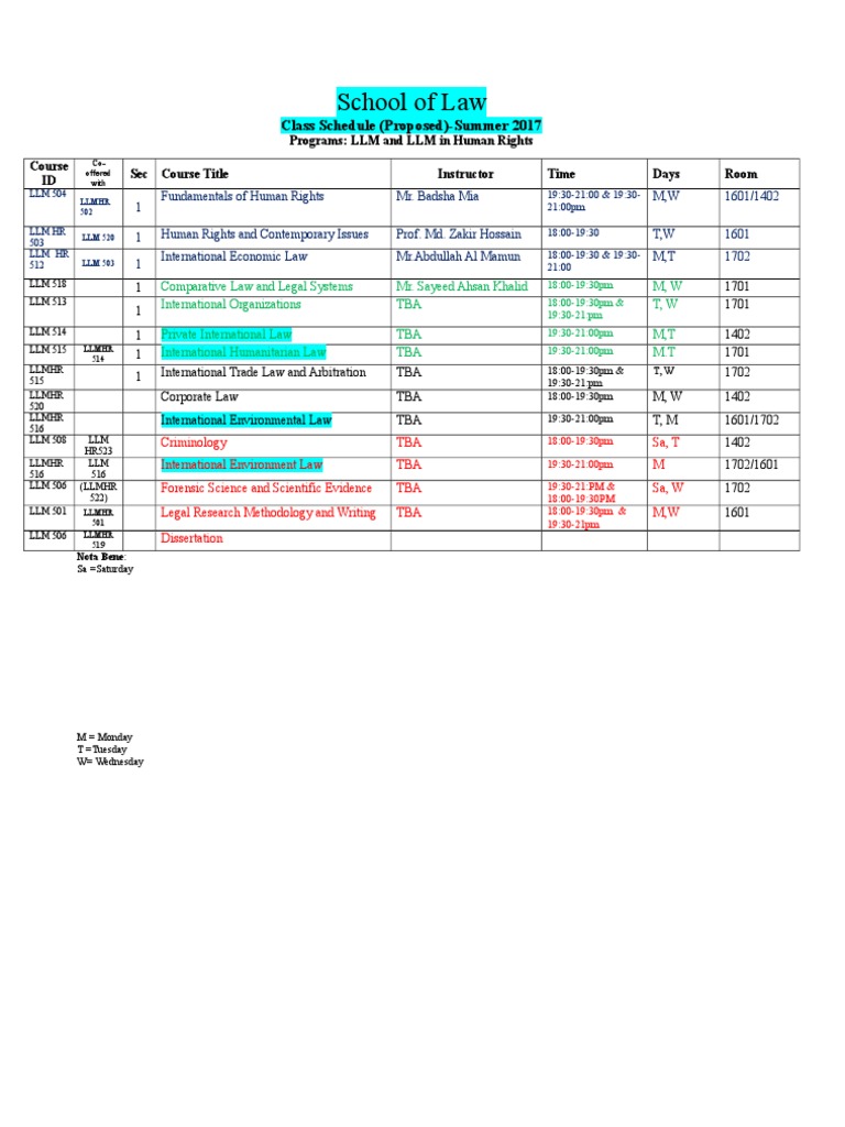 School of Law: Class Schedule (Proposed) - Summer 2017 | PDF | Justice ...