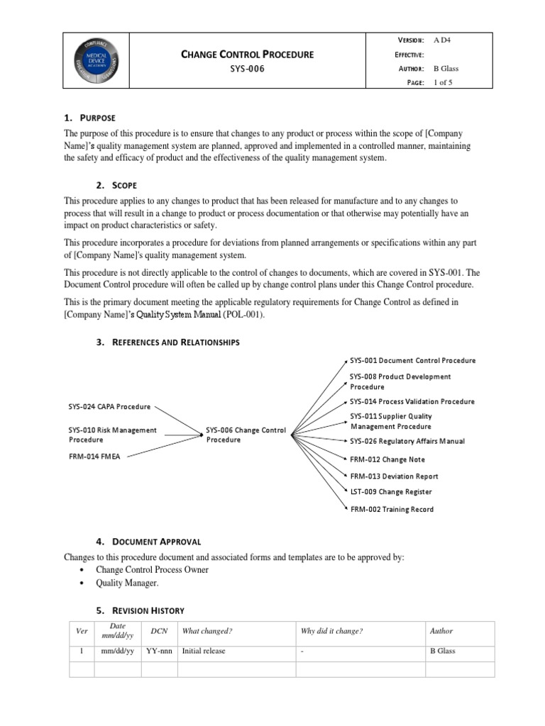 SYS 006 A D4 Change Control Procedure | PDF | Quality Management System | Verification And ...