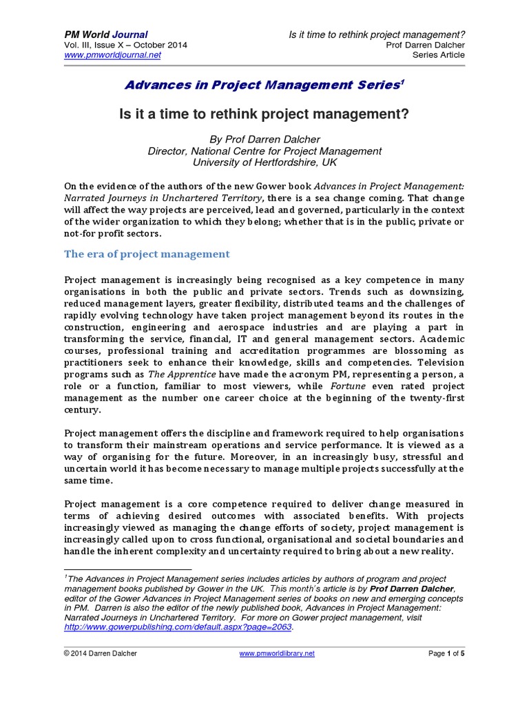 Pmwj27 Oct2014 Dalcher Is It Time To Rethink Project Management ...
