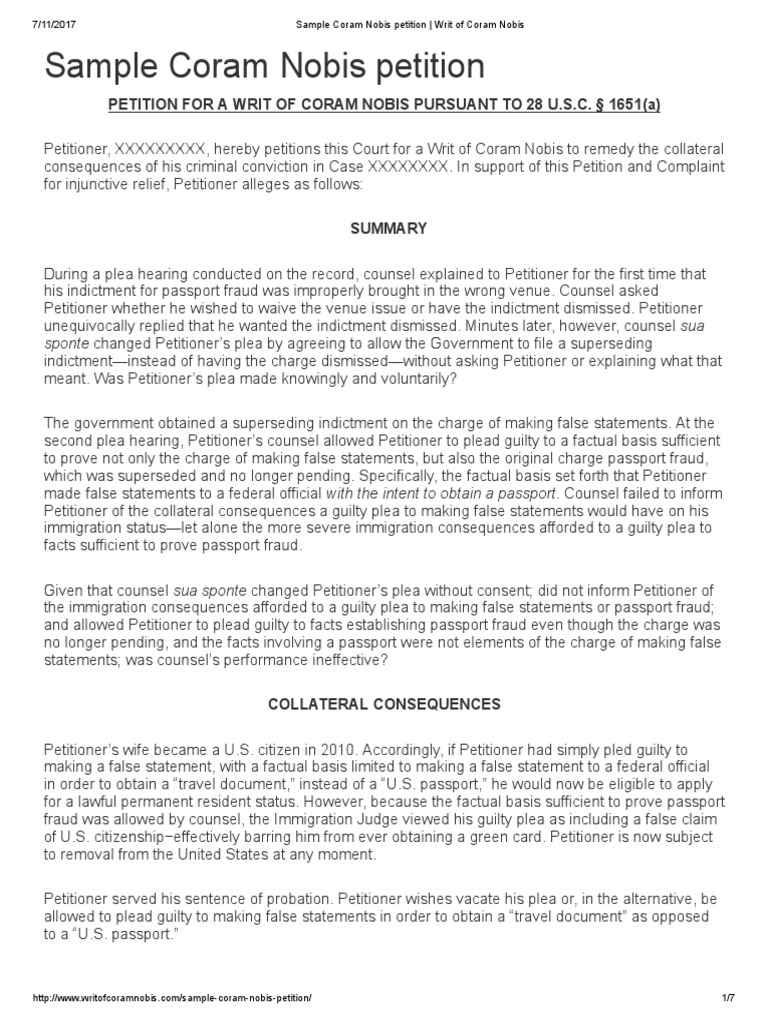 Sample Coram Nobis Petition _ Writ of Coram Nobis | Coram Nobis ...