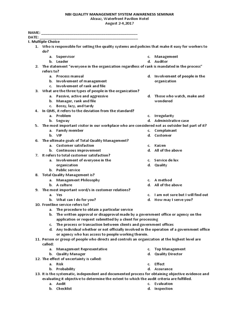 ISO 9001 Quiz | Audit | Quality Management