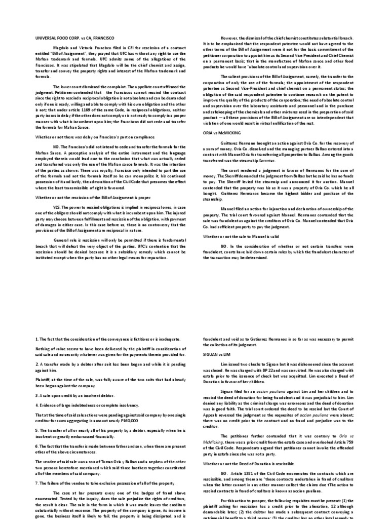 Rescissible Contracts Case Digest | Fraud | Rescission