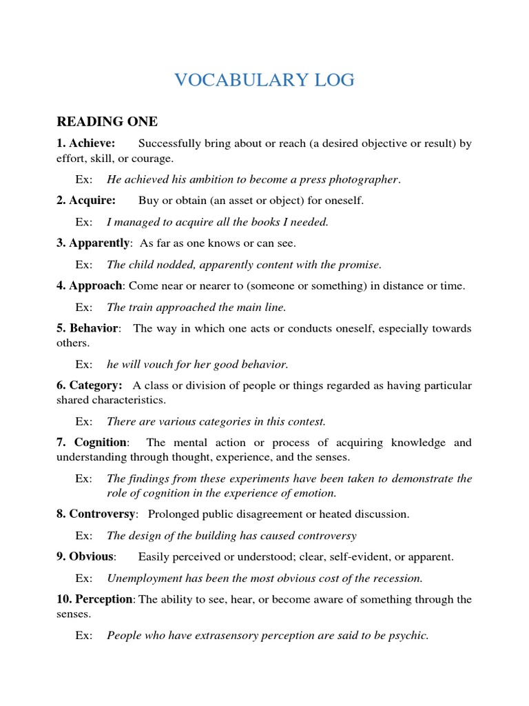 Vocabulary Log: Reading One | PDF | Perception | Vocabulary