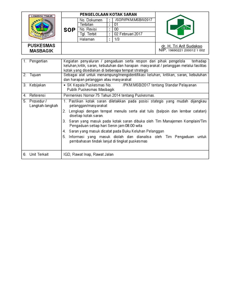 Sop Pengelolaan Kotak Saran. | PDF | Karier & Perkembangan | Pengelolaan Keuangan & Uang