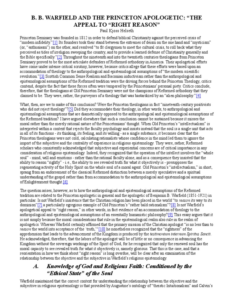 Warfield, BB by Helseth On Apologetics | PDF | Christian Apologetics ...