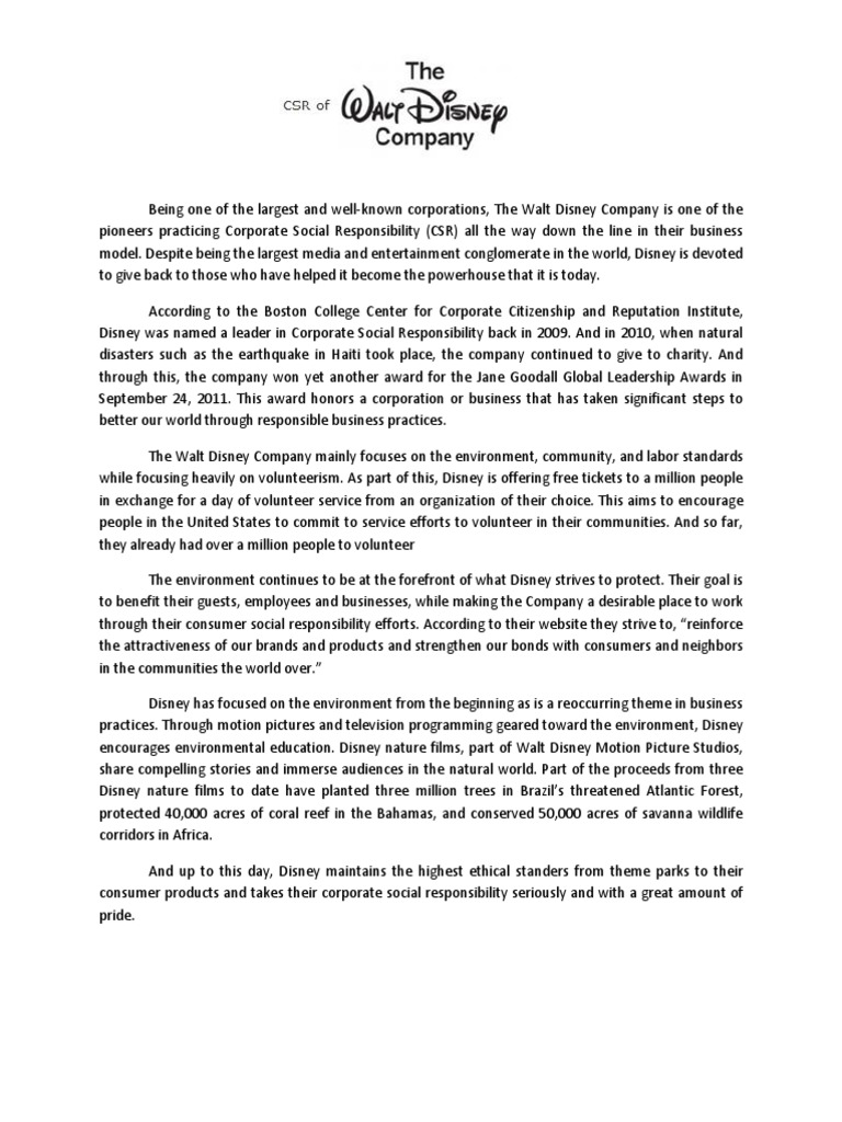 CSR of Walt Disney | PDF | Walt Disney | Corporate Social Responsibility