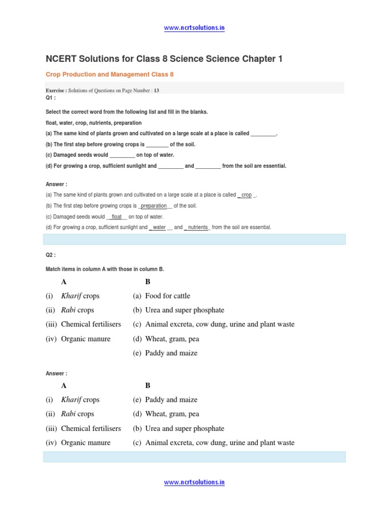 NCERT Solutions For Class 8 Science Chapter 1 | PDF | Weed | Irrigation