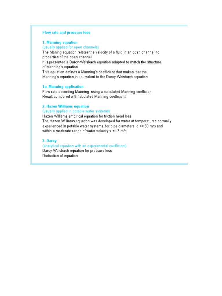 Pipes. Flow Rate and Pressure Loss Equations | PDF | Mechanics | Liquids