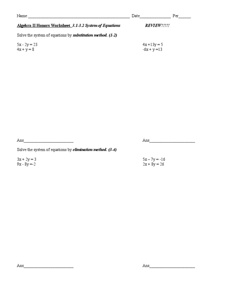 Algebra II Honors Worksheet 3.1-3.2 System of Equations REVIEW ...