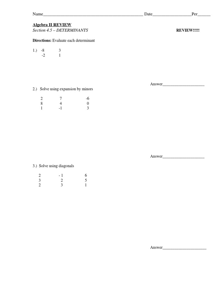 Algebra II Determinants Review Guide | PDF