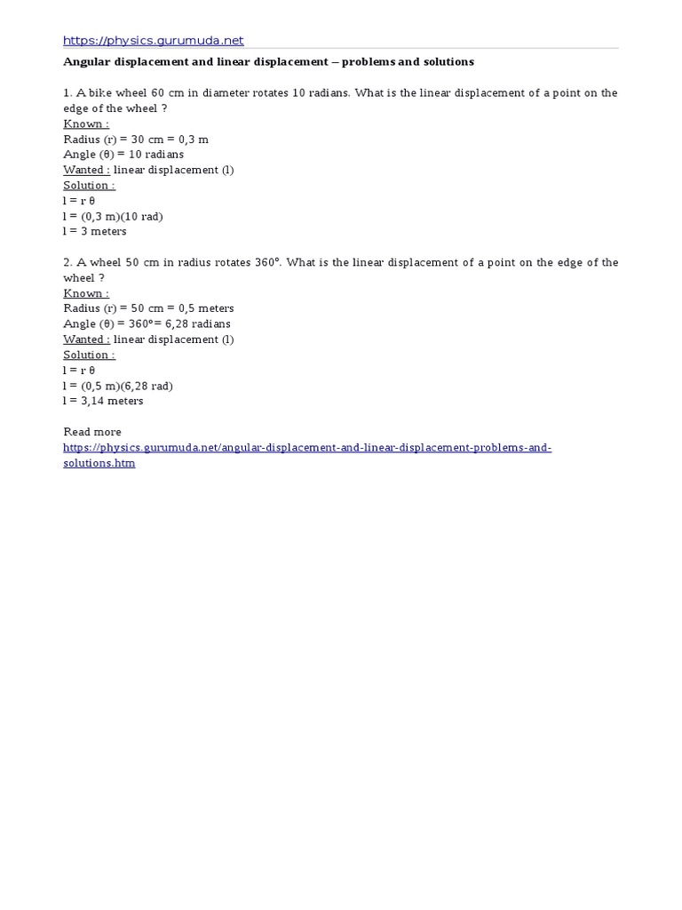 Angular Displacement and Linear Displacement Problems and Solutions PDF ...