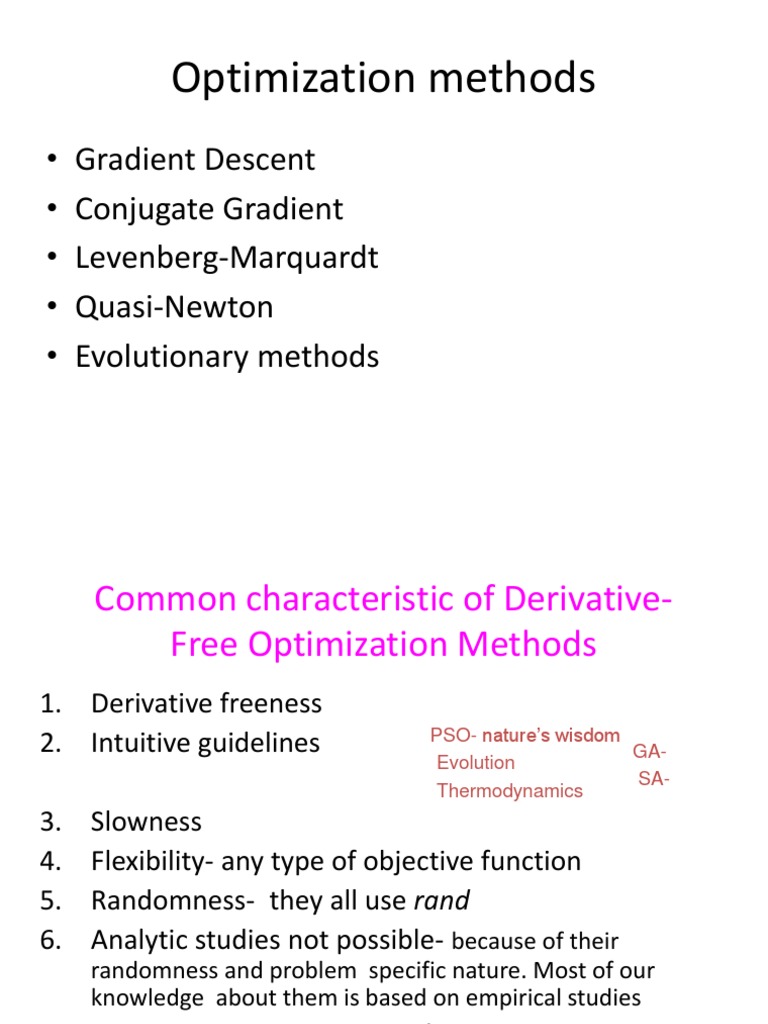 Optimization Methods: - Gradient Descent - Conjugate Gradient - Levenberg-Marquardt - Quasi ...