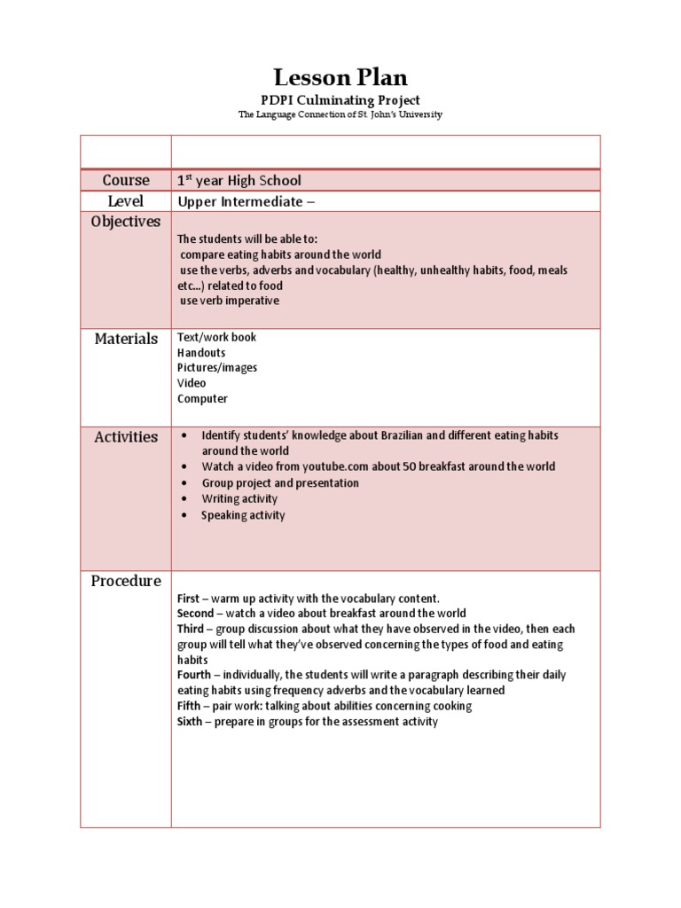 Lesson Plan: Topic Food Around The World | PDF