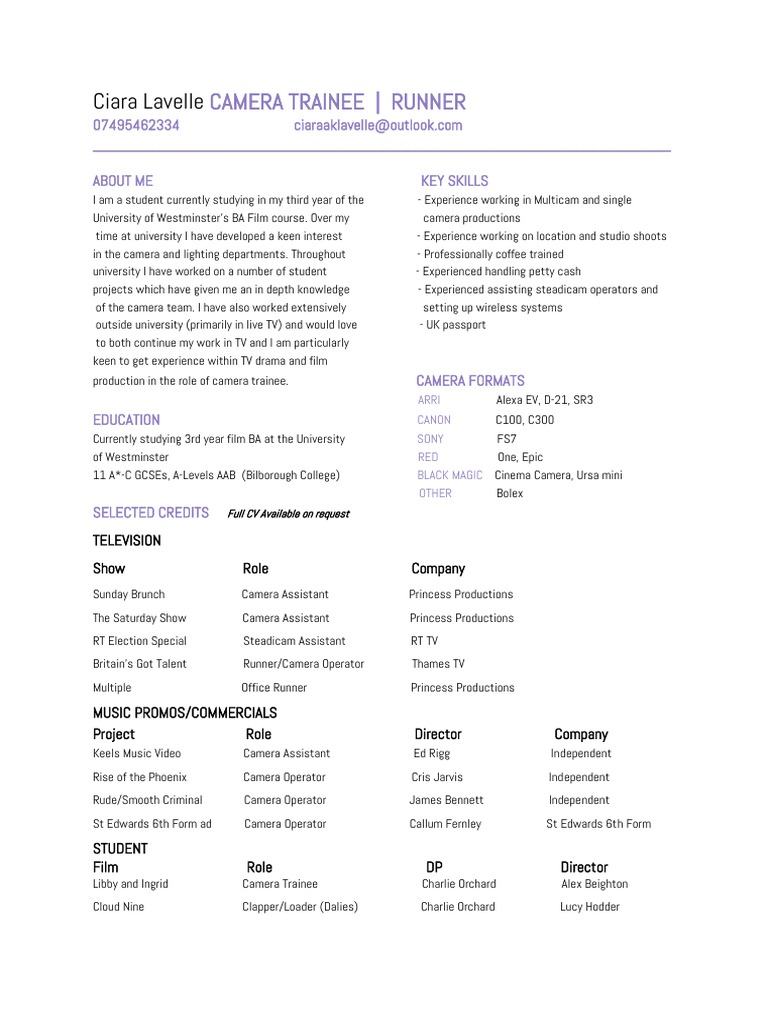 Ciara Lavelle Camera Trainee Runner 2 | PDF | Film Theory | Film Industry