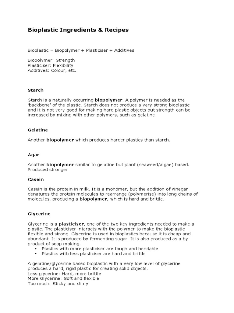 Bioplastic Recipes Ingredients | PDF | Polymers | Ion