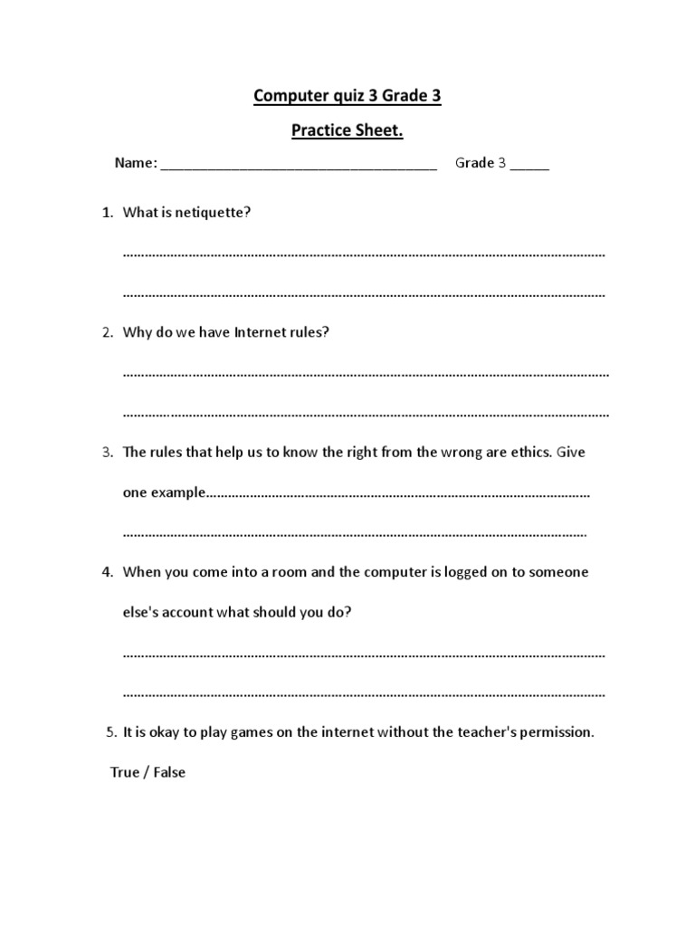 Computer Quiz 3 Grade 3 Practice Sheet. | PDF | Computing | Computing ...