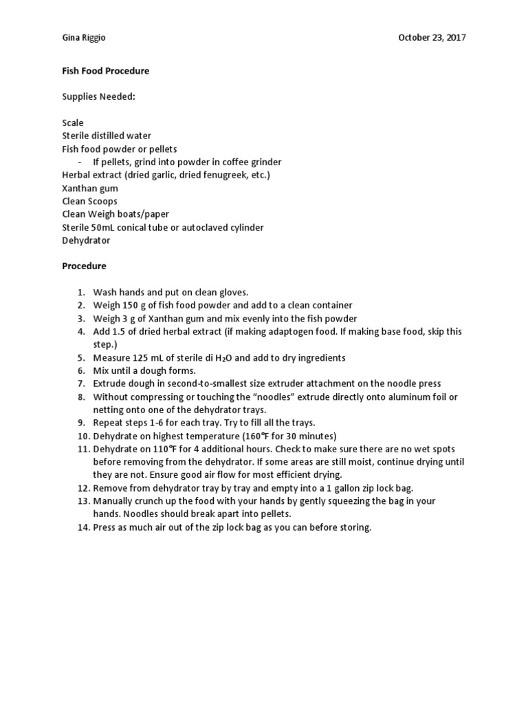 Fish Food Procedure: Gina Riggio October 23, 2017 | PDF