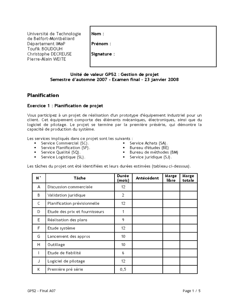 Examen de Gestion de Projet 2007 | PDF | Police | Planification