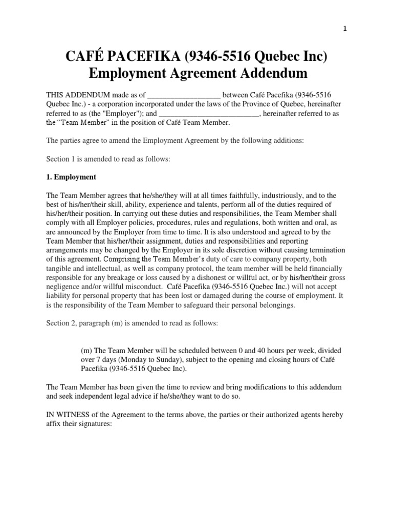 Employment Agreement Café Pacefika - Addendum | PDF | Civil Law (Legal ...