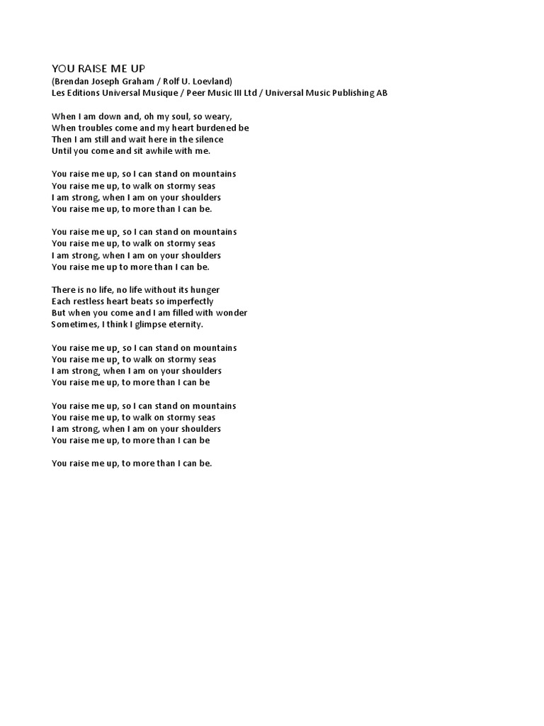 You Raise Me Up Lyrics | PDF | Art | Religion & Spirituality