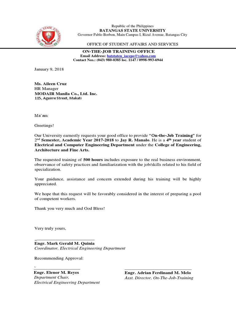 OJT Endorsement Letter Template Jay | PDF | Engineering