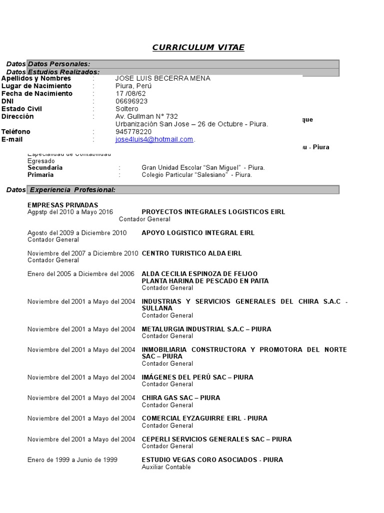 Curriculum Vitae CPC Jose Luis Becerra Mena | PDF | Contabilidad | Perú