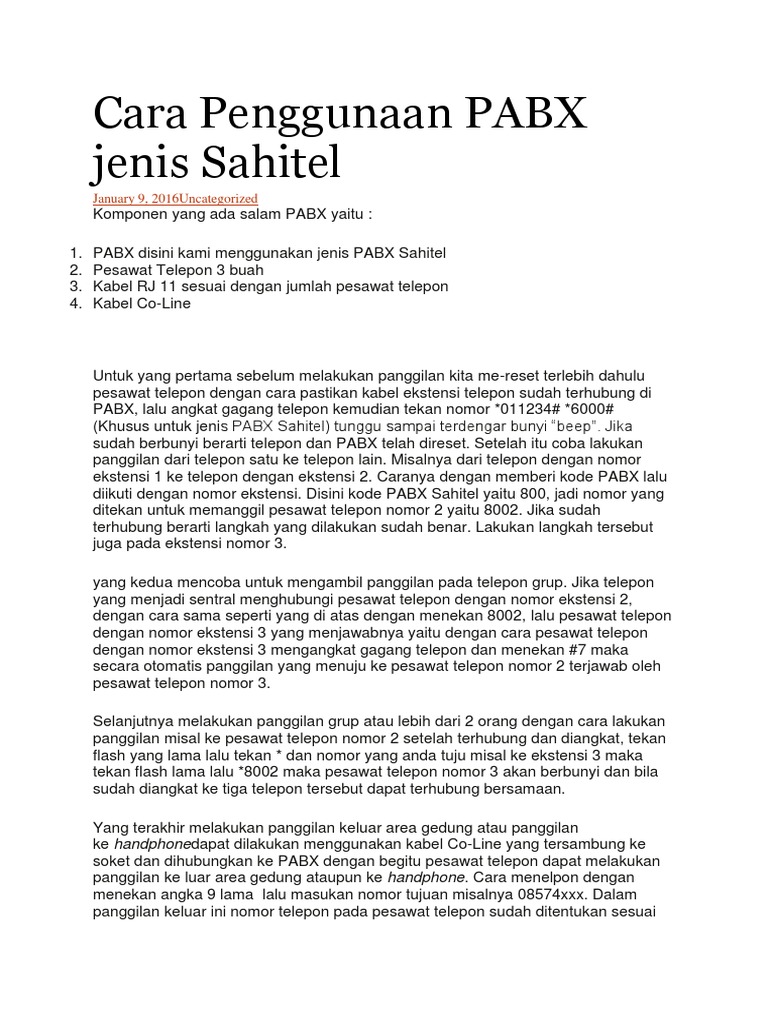 Cara Penggunaan PABX Jenis Sahitel | PDF