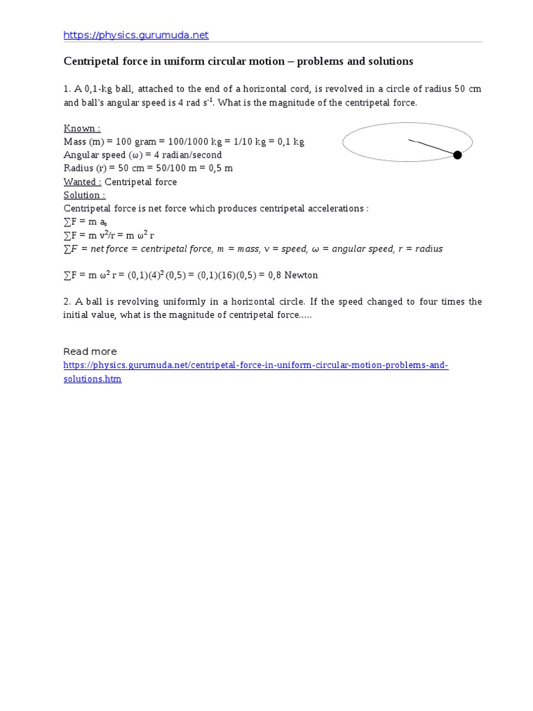 Centripetal Force in Uniform Circular Motion Problems and Solutions | PDF
