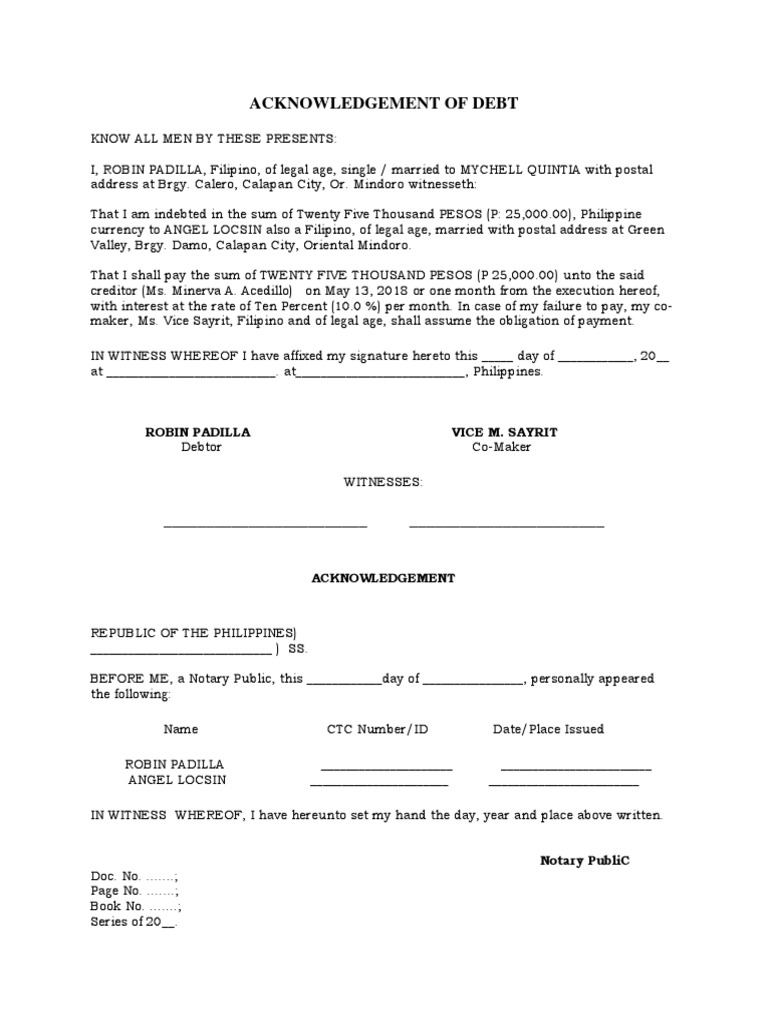 Acknowledgement of Debt Sample | PDF