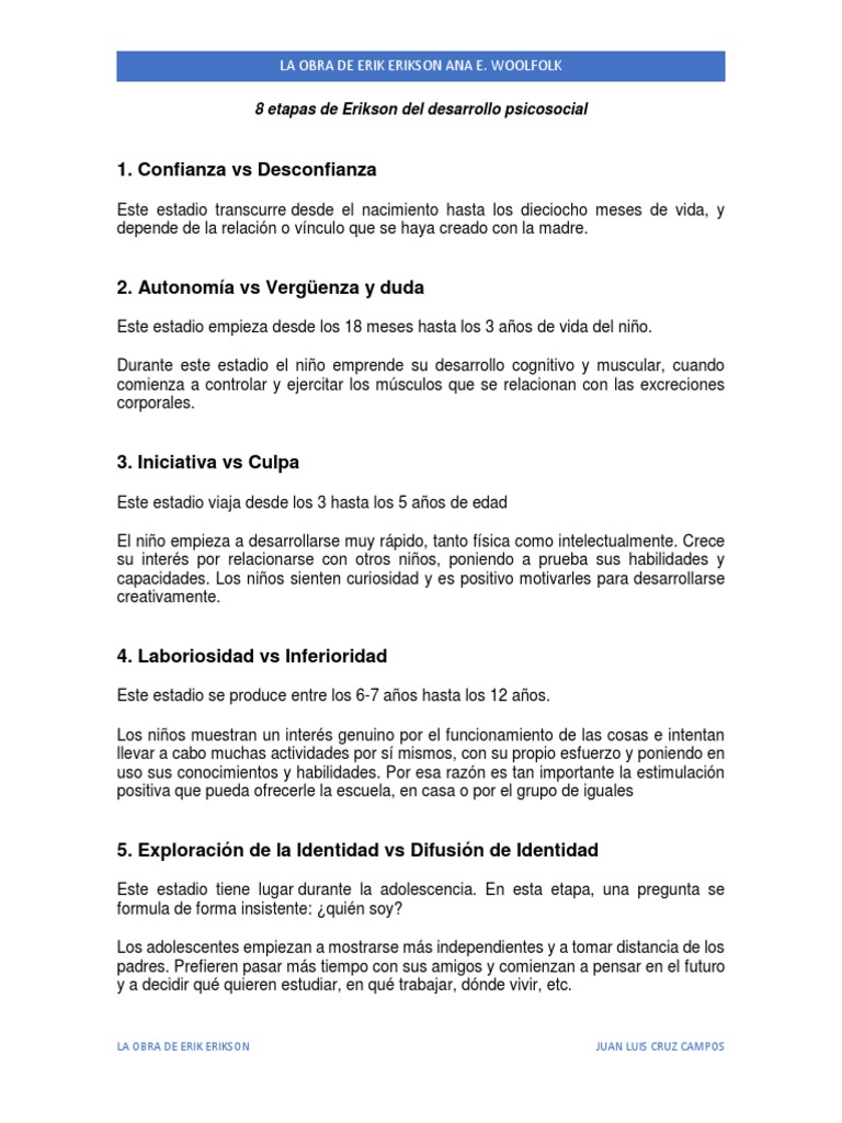 8 Etapas de Erikson Del Desarrollo Psicosocial | PDF | Adolescencia | Autoestima