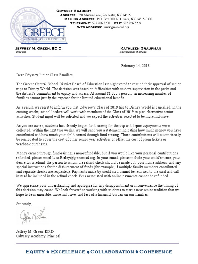 Disney Letter For Odyssey Families | PDF | Cheque | Fee