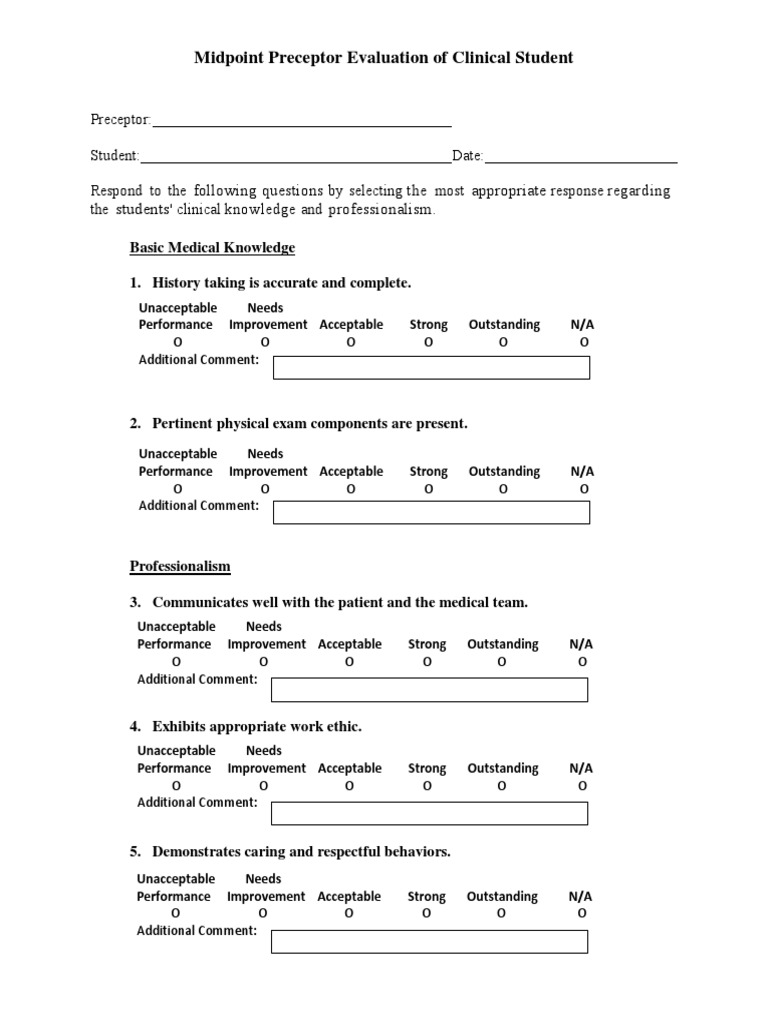 Midpoint Preceptor Evaluation of Clinical Student | PDF
