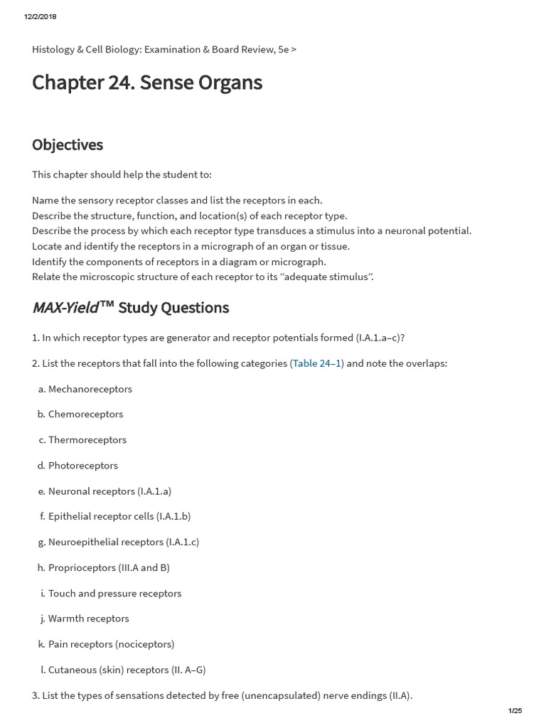 Chapter 24. Sense Organs: Objectives | PDF | Stimulus (Physiology) | Retina