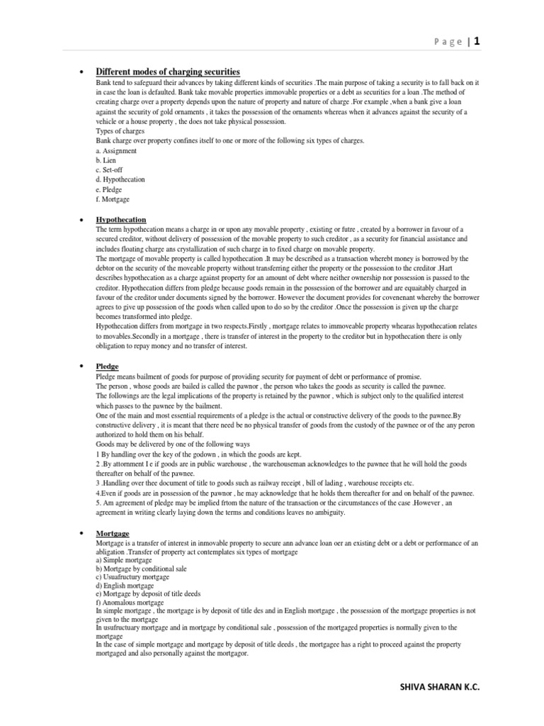 Different Modes of Charging Securities: Hypothecation | PDF | Payments ...