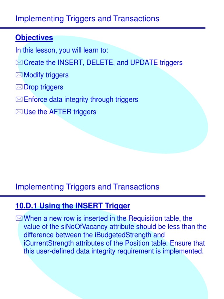 Implementing Triggers and Transactions: Objectives | PDF | Database Transaction | Databases